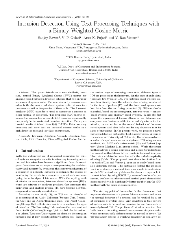 (PDF) Intrusion Detection using Text Processing Techniques with a Binary-Weighted Cosine Metric