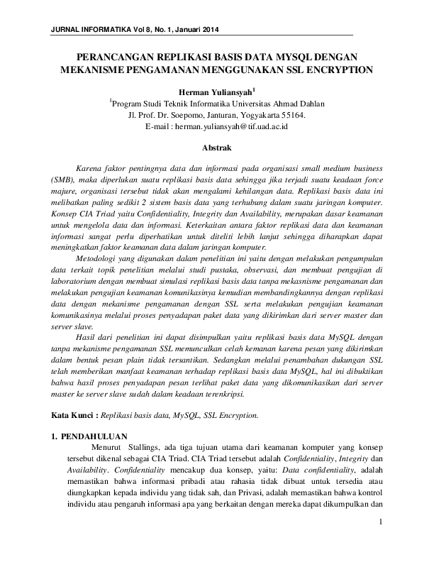 Perancangan Replikasi Basis Data Mysql Dengan Mekanisme Pengamanan Menggunakan Ssl Encryption