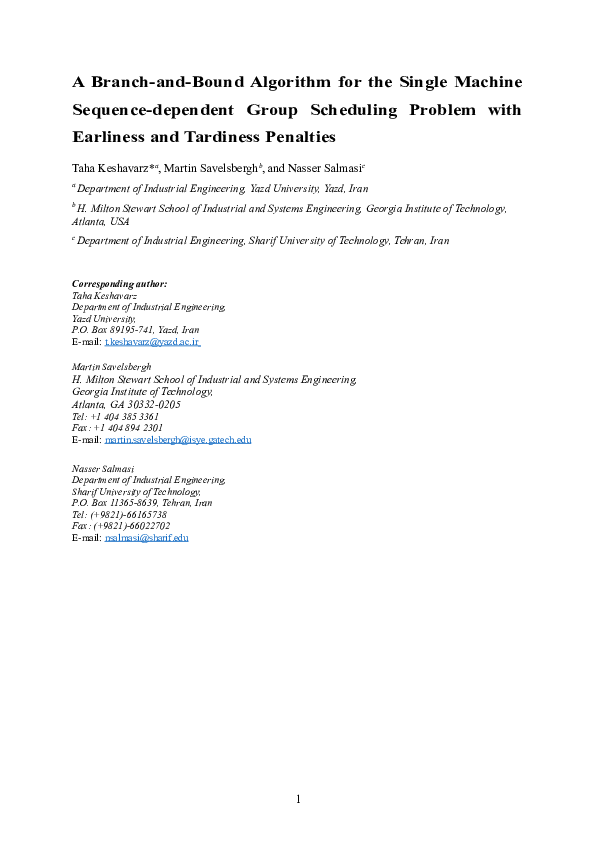 Doc A Branch And Bound Algorithm For The Single Machine Sequence Dependent Group Scheduling