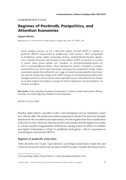 Regimes of Post-truth, Post-politics, and Attention Economies