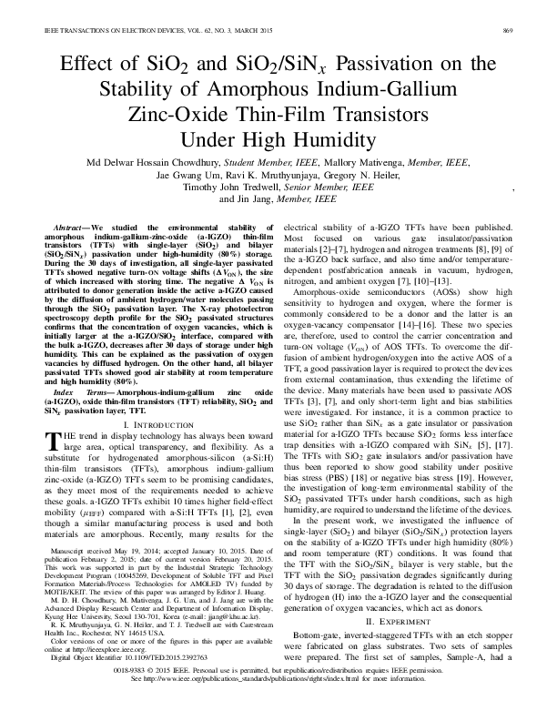 (PDF) Effect of SiO2 and SiO2/SiNx Passivation on the Stability of Amorphous Indium-Gallium Zinc ...
