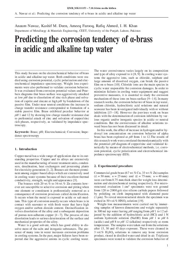 (PDF) Predicting the corrosion tendency of α-brass in acidic and ...
