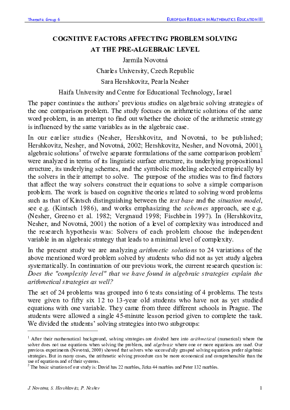 (PDF) COGNITIVE FACTORS AFFECTING PROBLEM SOLVING AT THE PRE-ALGEBRAIC ...