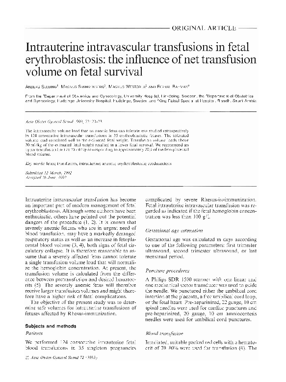 (PDF) Intrauterine intravascular transfusions in fetal erythroblastosis ...