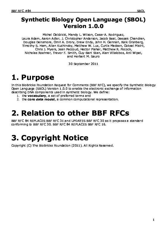 (PDF) Synthetic Biology Open Language (SBOL) Version 1.0. 0