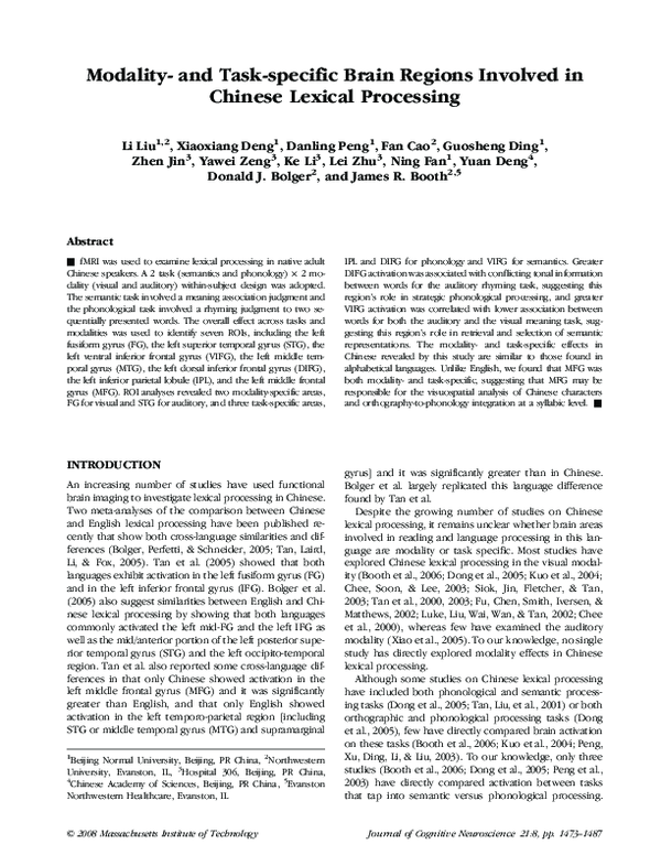(PDF) Modality-and task-specific brain regions involved in Chinese lexical processing