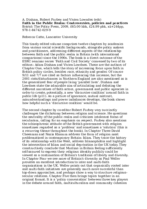 (DOC) Adam Dinham, Robert Furbey and Vivien Lowndes (eds) Faith in the ...