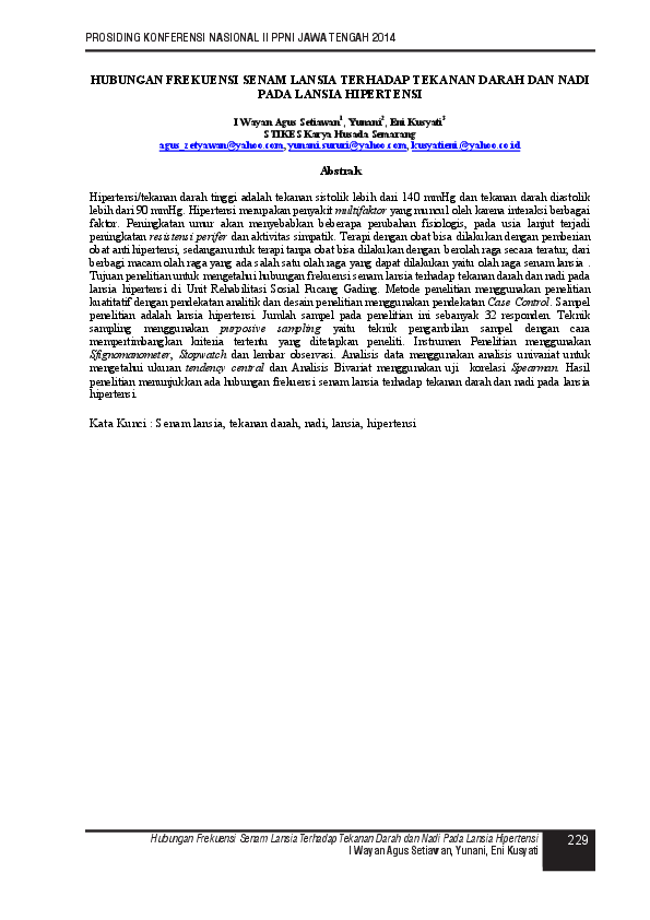 (PDF) HUBUNGAN FREKUENSI SENAM LANSIA TERHADAP TEKANAN DARAH DAN NADI PADA LANSIA HIPERTENSI