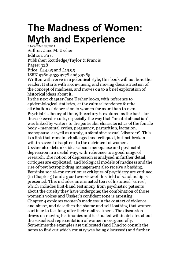 (DOC) The Madness of Women: Myth and Experience by Jane Ussher. The ...