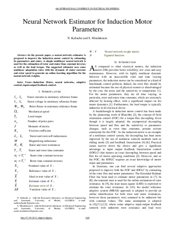 Pdf Neural Network Estimator For Induction Motor Parameters