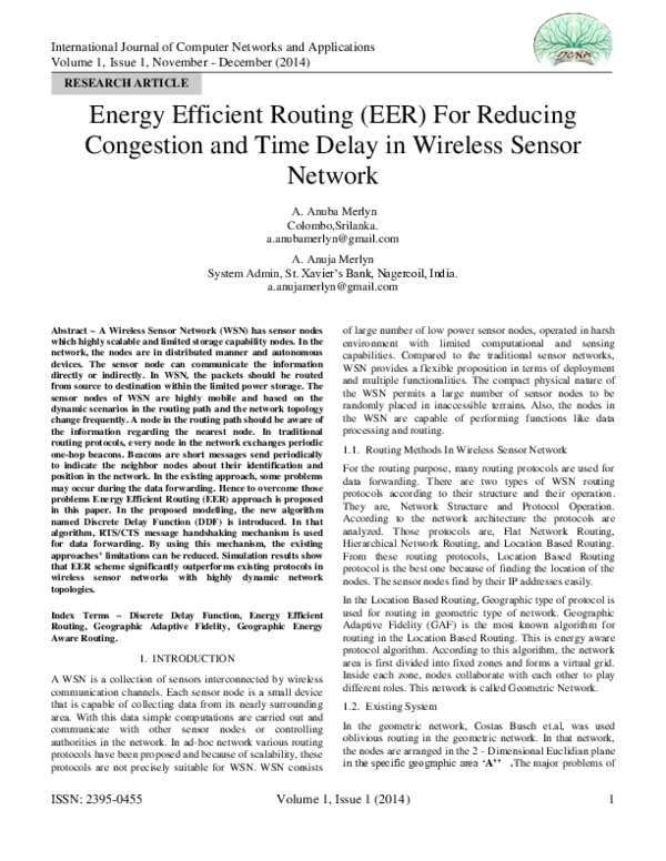 Pdf Energy Efficient Routing Eer For Reducing Congestion And Time Delay In Wireless Sensor