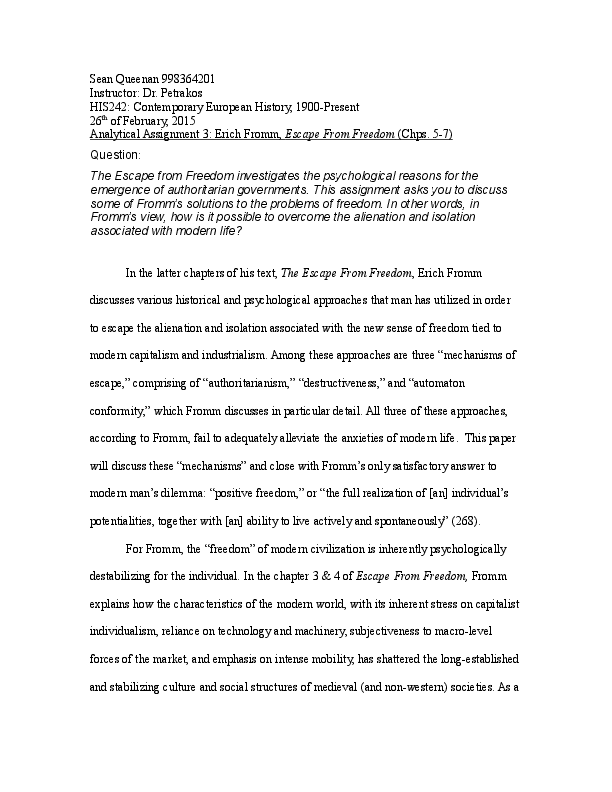 (DOC) (2nd Year) Analytical Assignment: Erich Fromm, Escape From ...