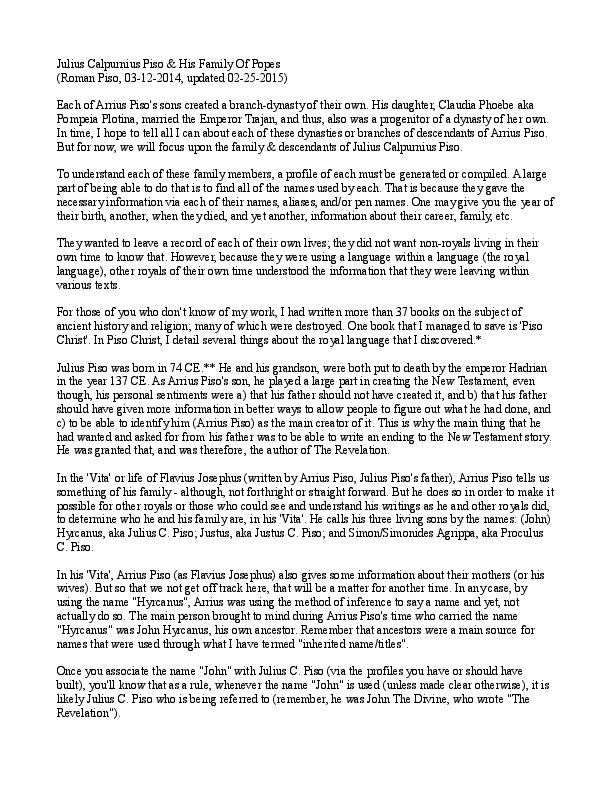 Julius Calpurnius Piso & His Family Of Popes