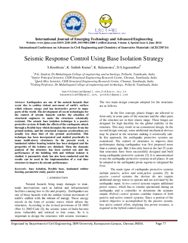 (PDF) Seismic Response Control Using Base Isolation Strategy