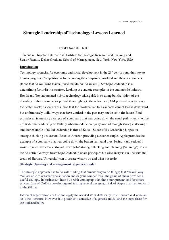 (PDF) Strategic leadership of technology - lessons learned | Frank ...