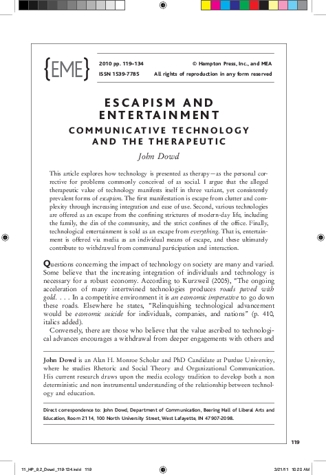 (PDF) Escapism and Entertainment: Communicative Technology and the ...
