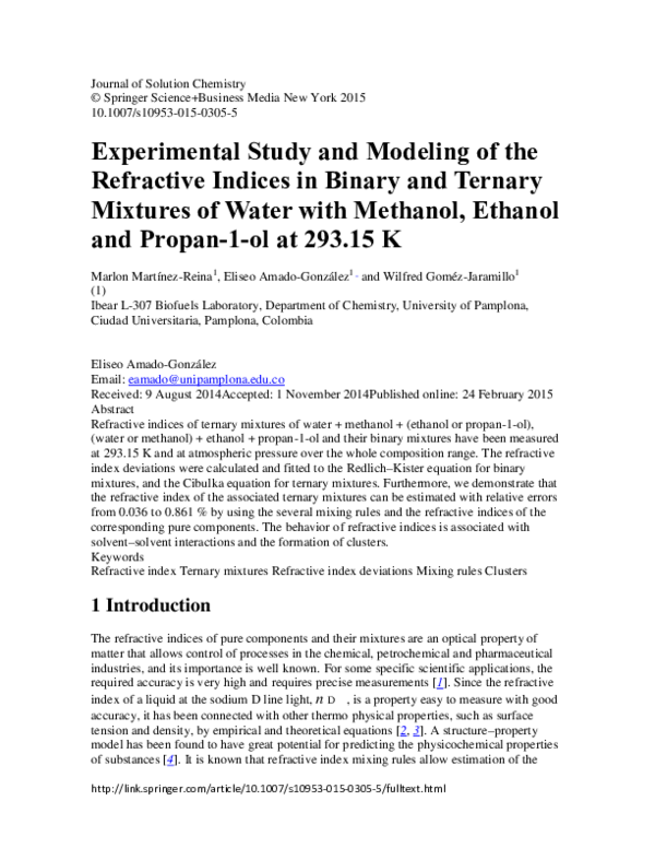 (PDF) Experimental Study and Modeling of the Refractive indices in binary and ternary mixtures ...