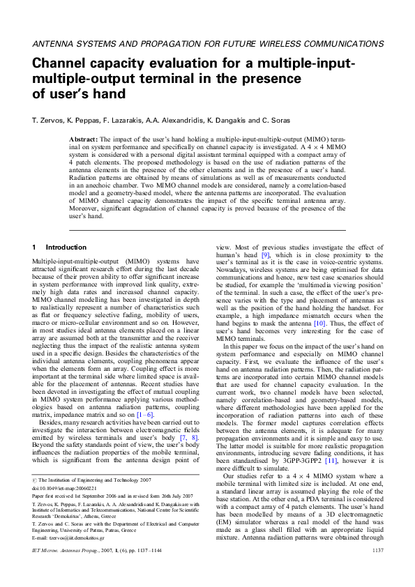 Channel capacity evaluation for a multiple - input multiple- output terminal in the presence of ...