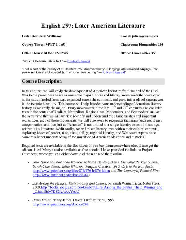 (PDF) Later American Literature Syllabus