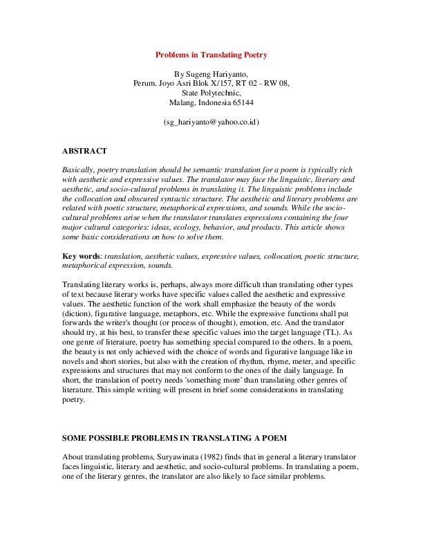 (PDF) Problems in Translating Poetry