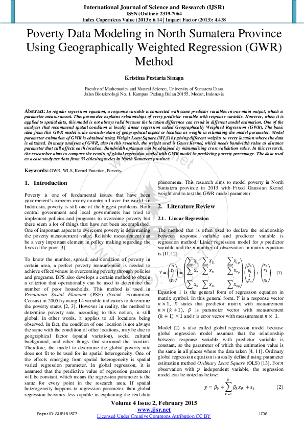 Pdf Poverty Data Modeling In North Sumatera Province Using Geographically Weighted Regression