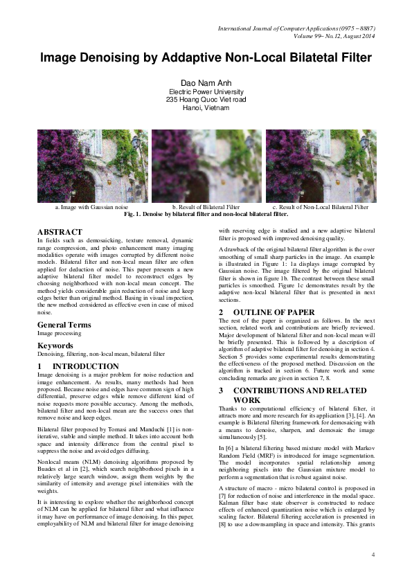 Image Denoising by Addaptive Non-Local Bilatetal Filter