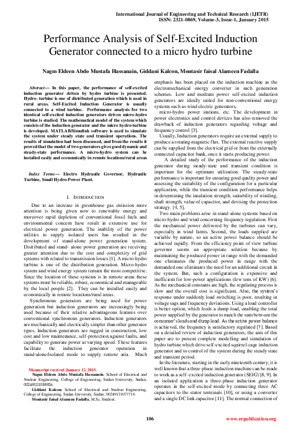 Pdf Performance Analysis Of Self Excited Induction Generator Connected To A Micro Hydro Turbine