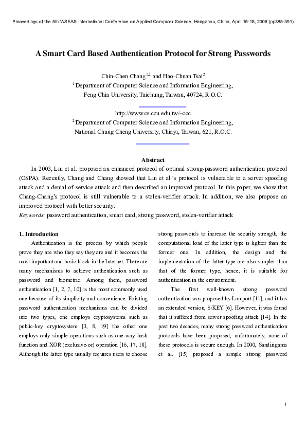 Pdf A Smart Card Based Authentication Protocol For Strong Passwords
