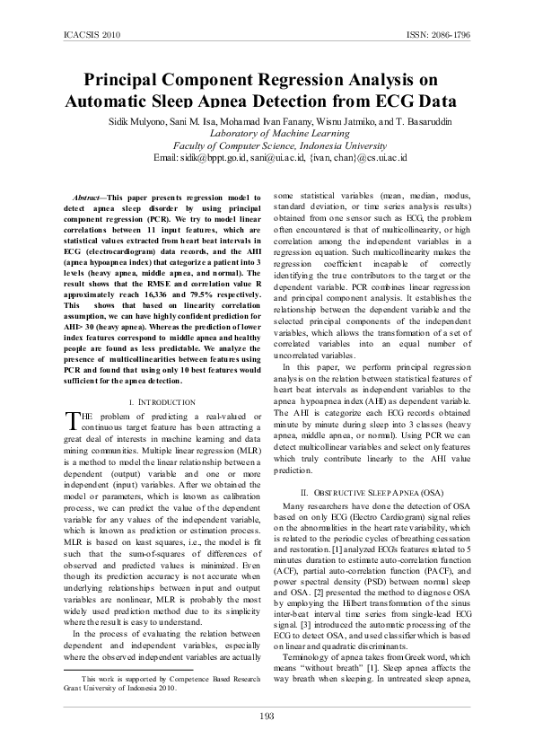 (PDF) Principal Component Regression Analysis on Automatic Sleep Apnea Detection from ECG Data
