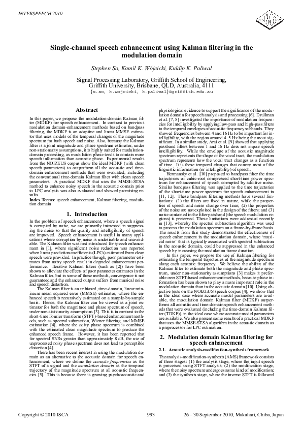(PDF) Single-channel speech enhancement using Kalman filtering in the modulation domain