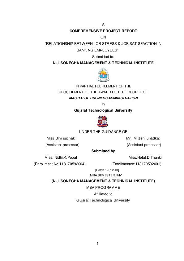 (PDF) A COMPREHENSIVE PROJECT REPORT ON ―RELATIONSHIP BETWEEN JOB STRESS & JOB SATISFACTION IN ...