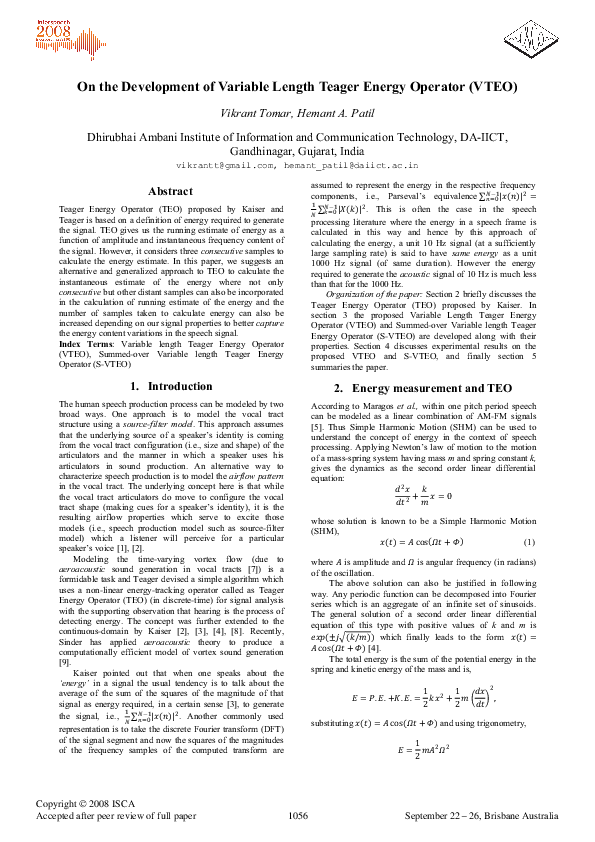 Pdf On The Development Of Variable Length Teager Energy Operator Vteo
