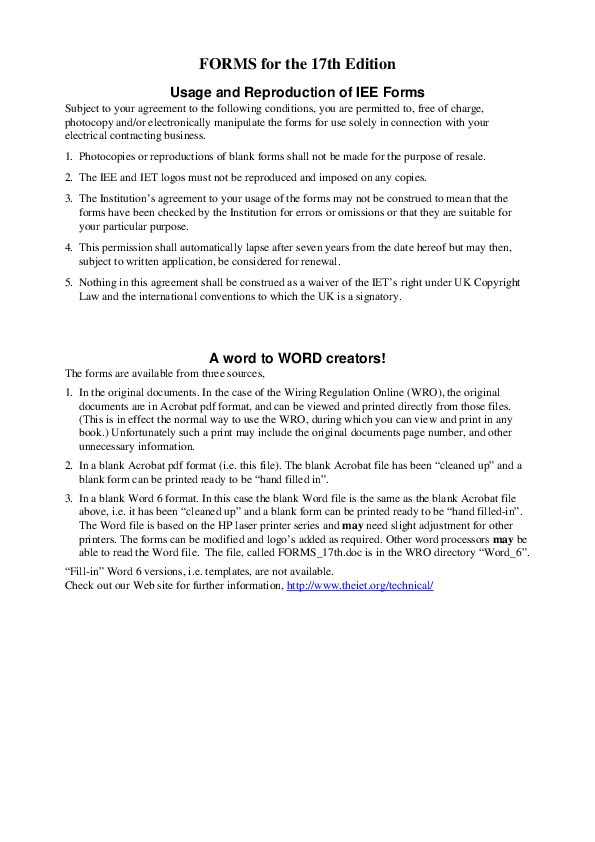 (PDF) FORMS for the 17th Edition Usage and Reproduction of IEE Forms