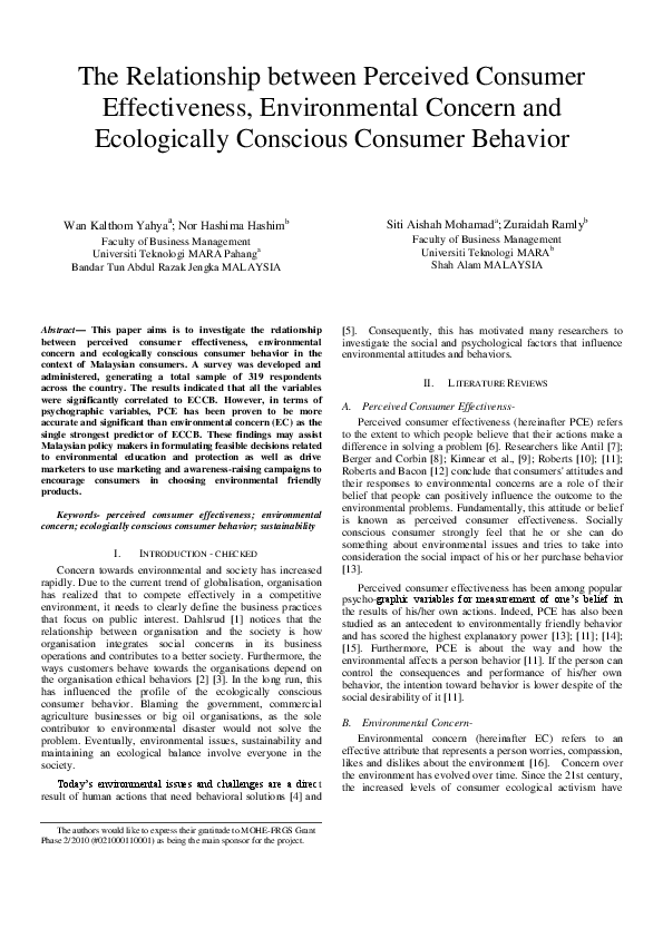 (PDF) The Relationship between Perceived Consumer Effectiveness, Environmental Concern and ...