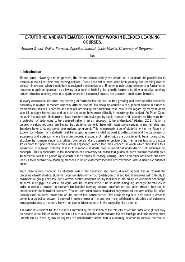 (PDF) E-TUTORING AND MATHEMATICS: HOW THEY WORK IN BLENDED LEARNING COURSES