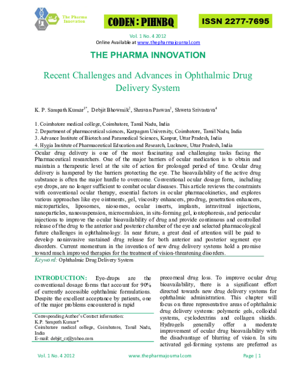 (PDF) Recent Challenges and Advances in Ophthalmic Drug Delivery System