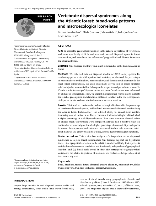(PDF) Vertebrate dispersal syndromes along the Atlantic forest: broad‐scale patterns and ...