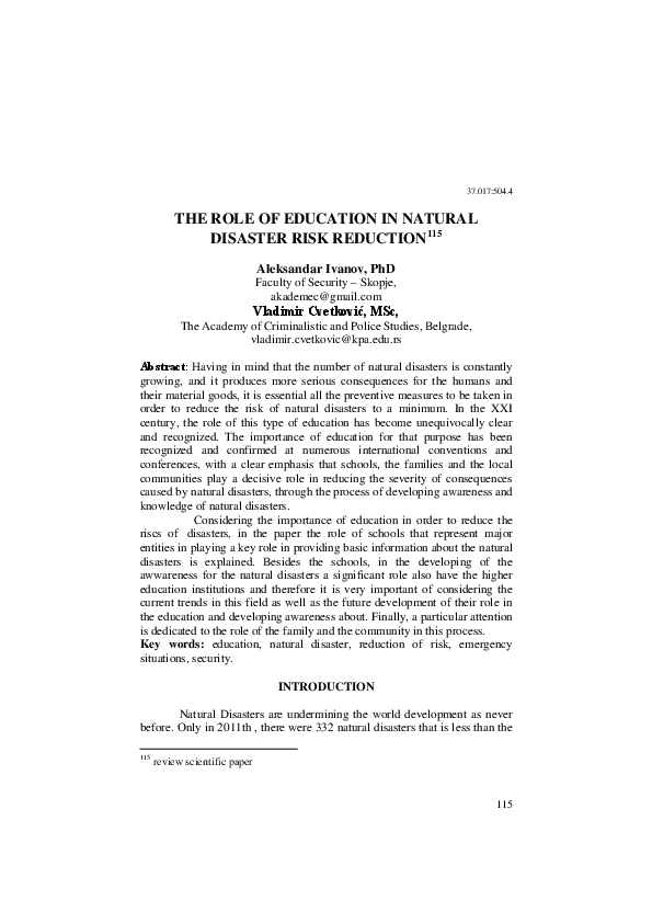 (PDF) THE ROLE OF EDUCATION IN NATURAL DISASTER RISK REDUCTION