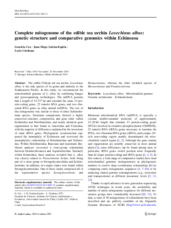 (PDF) Complete mitogenome of the edible sea urchin Loxechinus albus ...