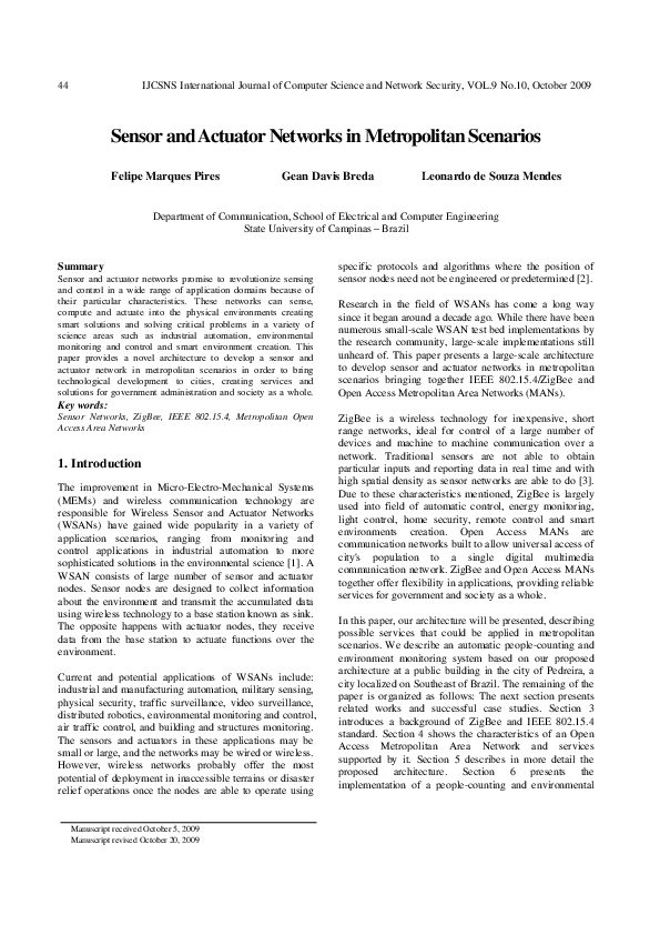 Pdf Sensor And Actuator Networks In Metropolitan Scenarios Felipe Pires