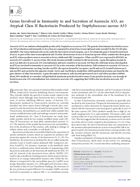 (PDF) Genes involved in immunity to and secretion of aureocin A53, an ...