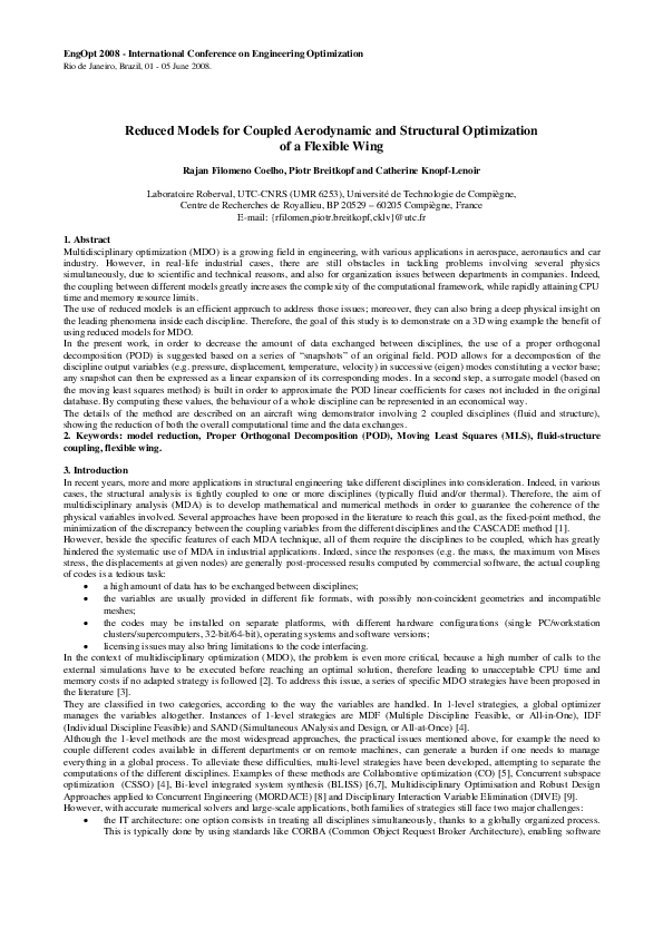 Pdf Reduced Models For Coupled Aerodynamic And Structural Optimization Of A Flexible Wing