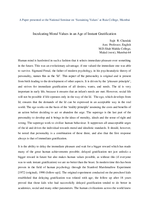 (PDF) Inculcating Moral Values in an Age of Instant Gratification