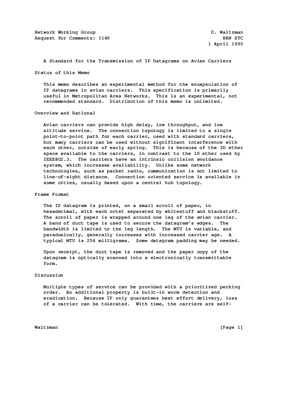 (PDF) RFC 1149 - Standard for the transmission of IP datagrams on avian ...