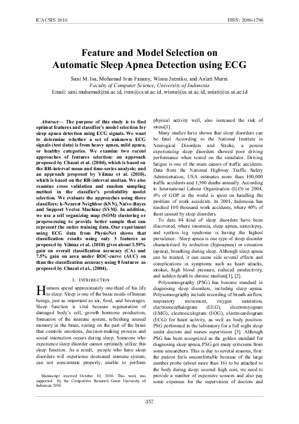 Pdf Feature And Model Selection On Automatic Sleep Apnea Detection
