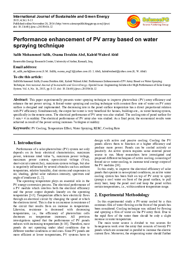 Pdf Performance Enhancement Of Pv Array Based On Water