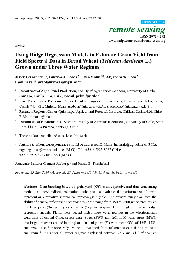(PDF) Using Ridge Regression Models to Estimate Grain Yield from Field Spectral Data in Bread ...