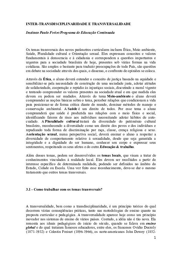 (DOC) INTER-TRANSDISCIPLINARIDADE E TRANSVERSALIDADE