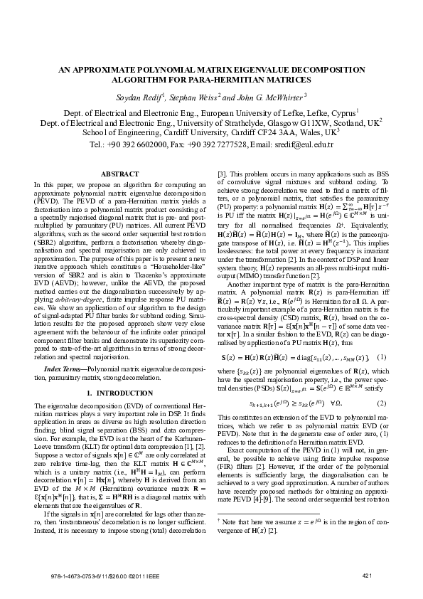 Pdf An Approximate Polynomial Matrix Eigenvalue Decomposition Algorithm For Para Hermitian 0092