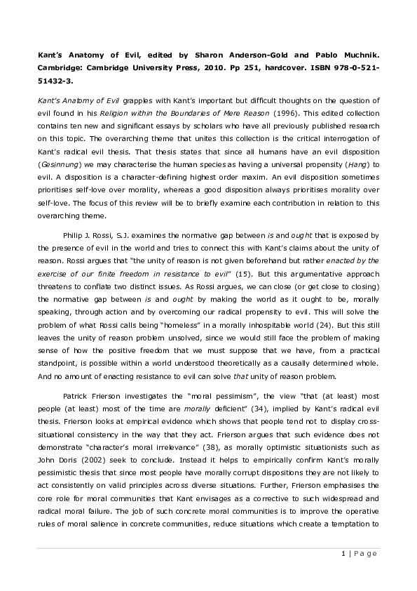 (PDF) Paul Formosa, "Review of Anderson-Gold & Muchnik (eds.), Kant's ...
